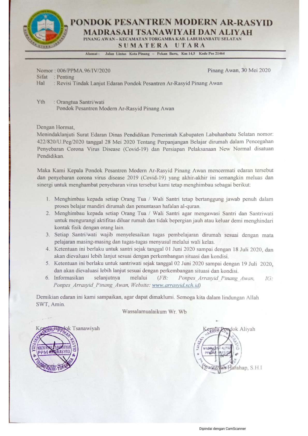 Tindak Lanjut Surat Edaran PPM AR-RASYID PINANG AWAN New Normal ...
